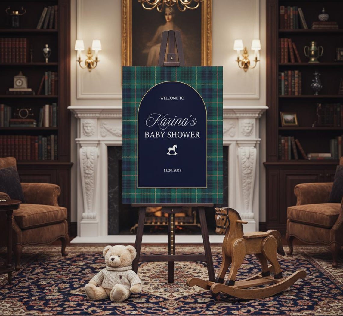 Vintage Preppy Baby Shower Welcome Sign Navy & Green Tartan Plaid Foam ...