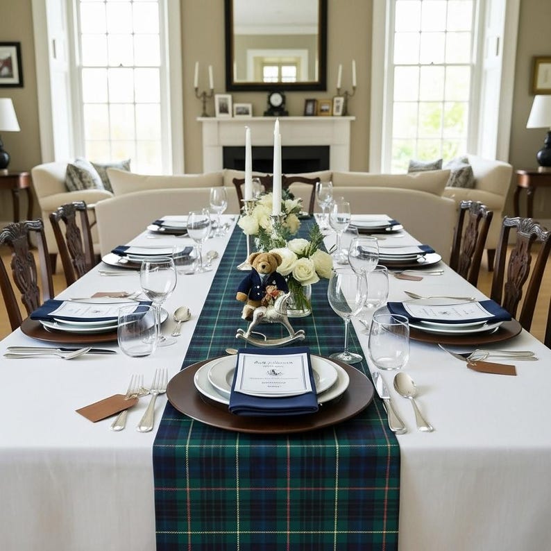 Vintage Preppy Baby Shower Table Runner Navy & Green Tartan Plaid Table ...