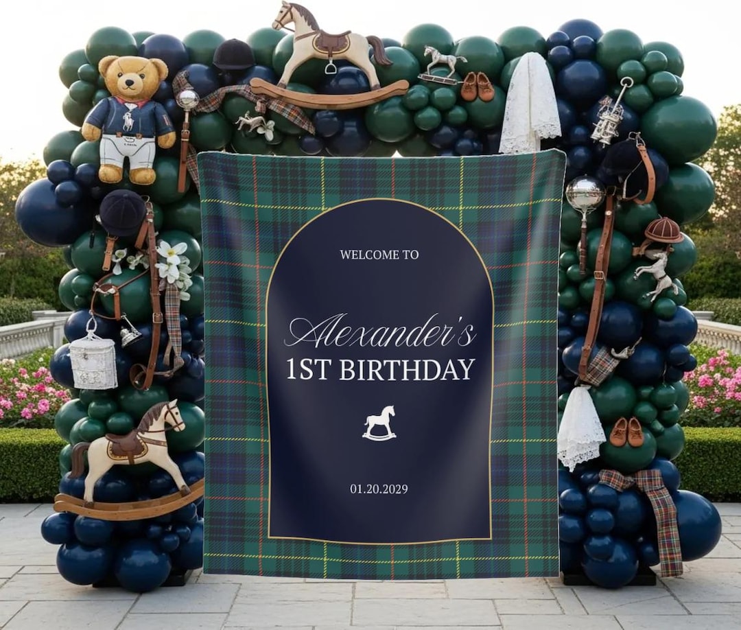 Vintage Preppy First Birthday Backdrop Navy & Green Tartan Plaid ...