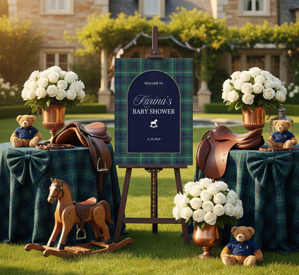 Vintage Preppy Baby Shower Welcome Sign Navy & Green Tartan Plaid Foam ...