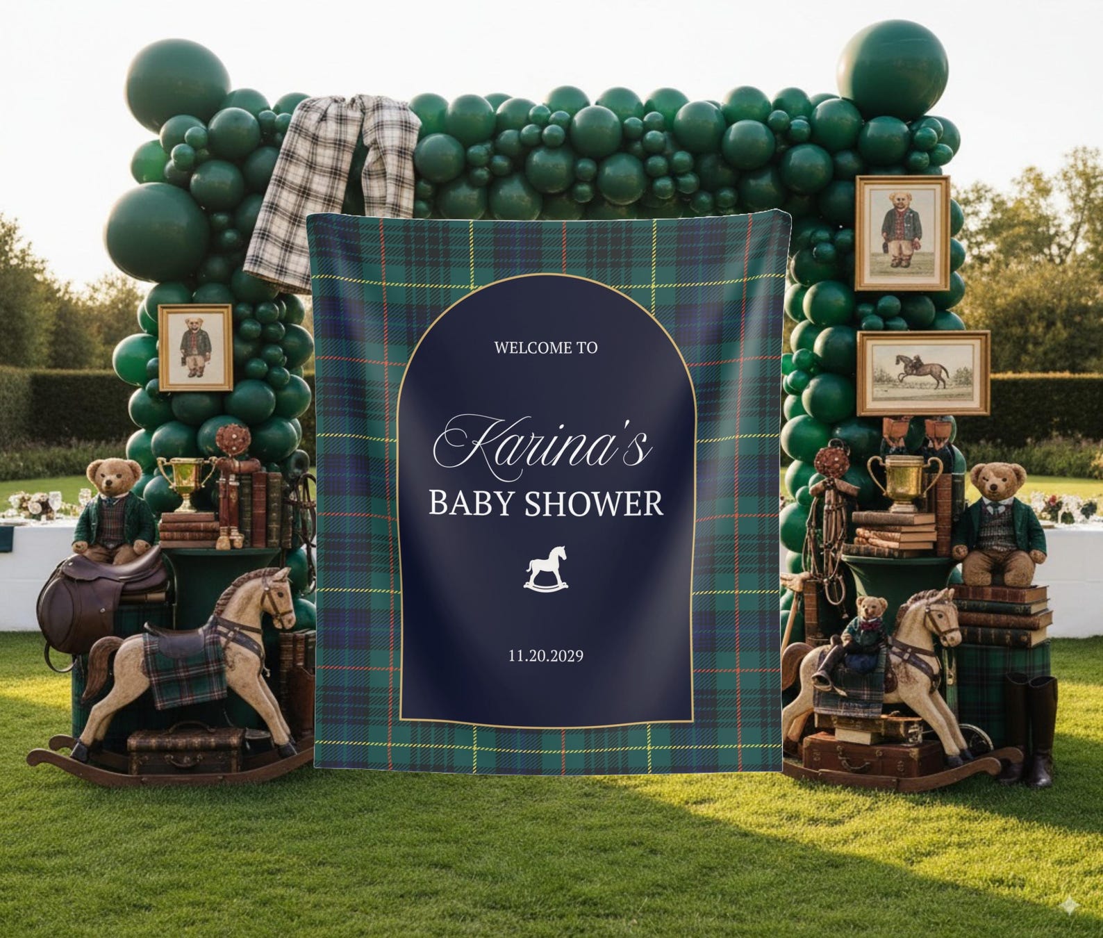Vintage Preppy Baby Shower Backdrop Navy & Green Tartan Plaid Welcome ...