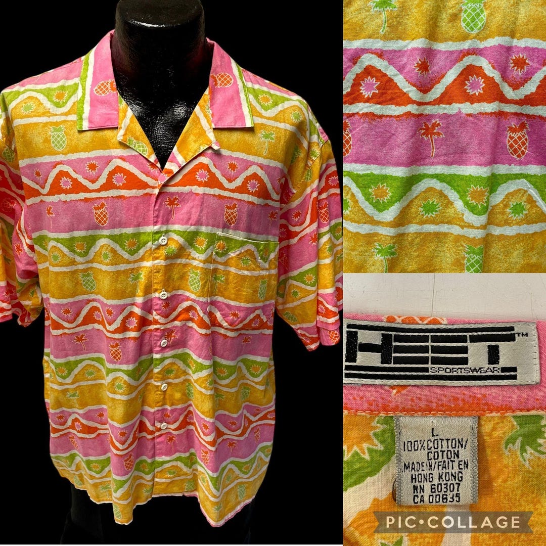 Vintage 80 90's HEET Men's NEON Pink Orange PINEAPPLES Loop Collar ...