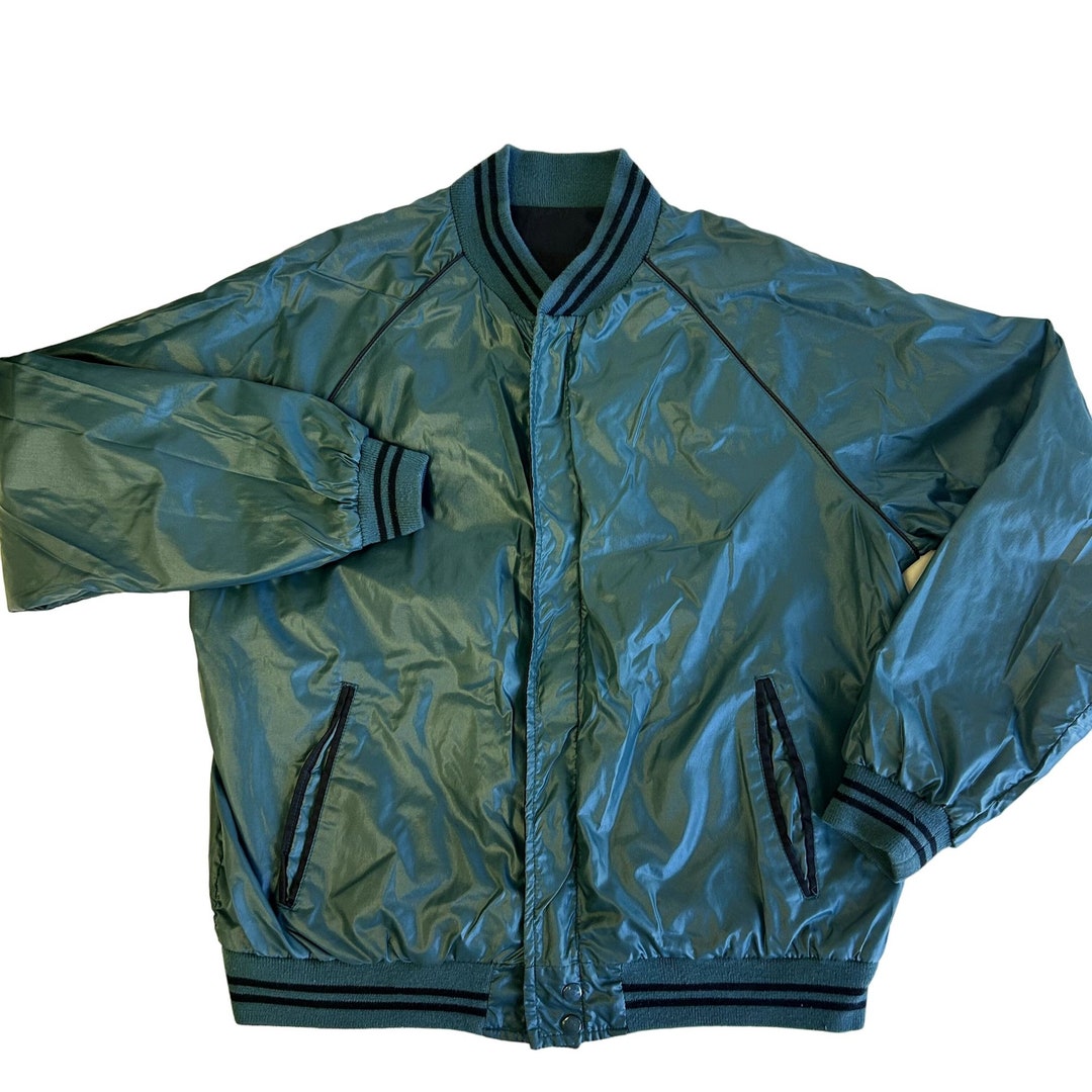 Vintage 80's Private Club Men's SHINY TURQUOISE Bomber REVERSIBLE Black ...
