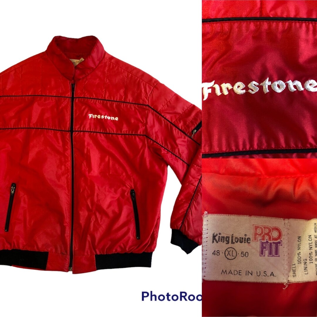 Vintage 80's King Louie SHINY Red Nylon Bomber FIRESTONE Racing Jacket ...