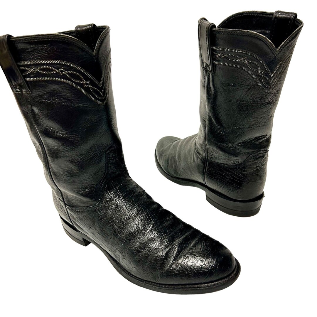 Vintage Justin Men Black SMOOTH OSTRICH Skin Cowboy Western Leather ...