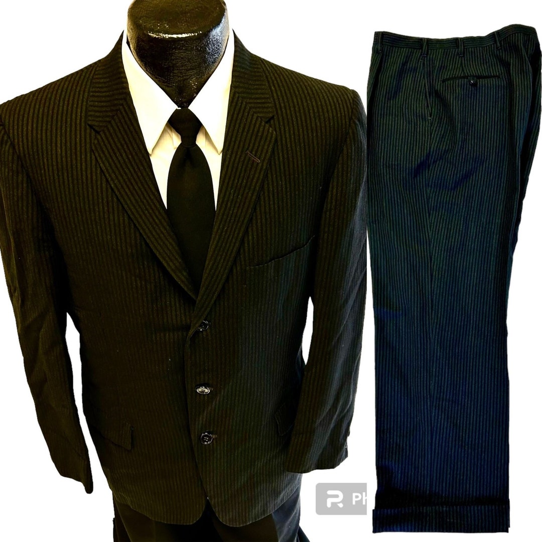 2 Pc Vintage 50's Clipper Craft Men Black Green STRIPE 3 Btn ROCKABILLY ...