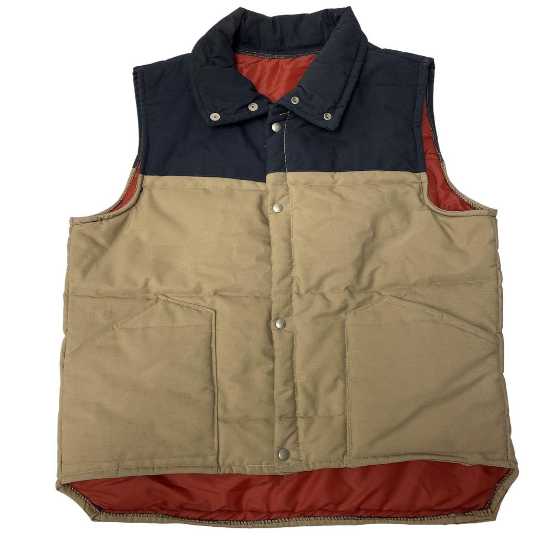 Vintage 70's Tan Blue Cowboy Western PUFFER Winter Ski Vest Quilted ...