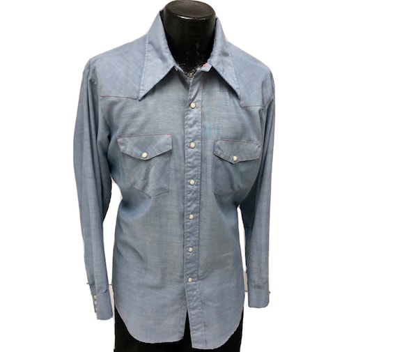 Vtg 70’s JCPenney Big Mac CHAMBRAY Pearl Snap Hippie … - Gem