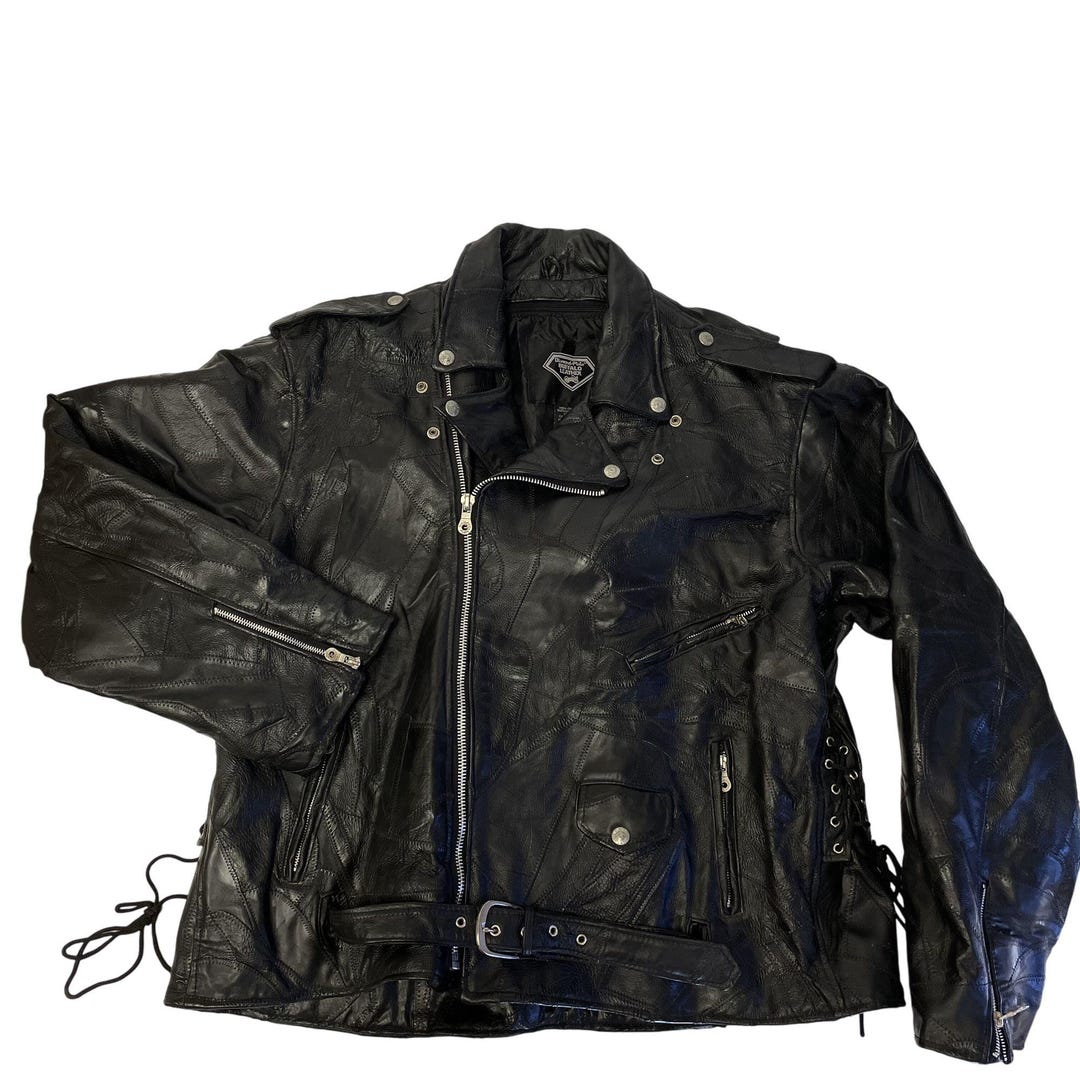 Vintage 80's Diamond Plate Men Black BUFFALO Leather MOTORCYCLE Biker ...