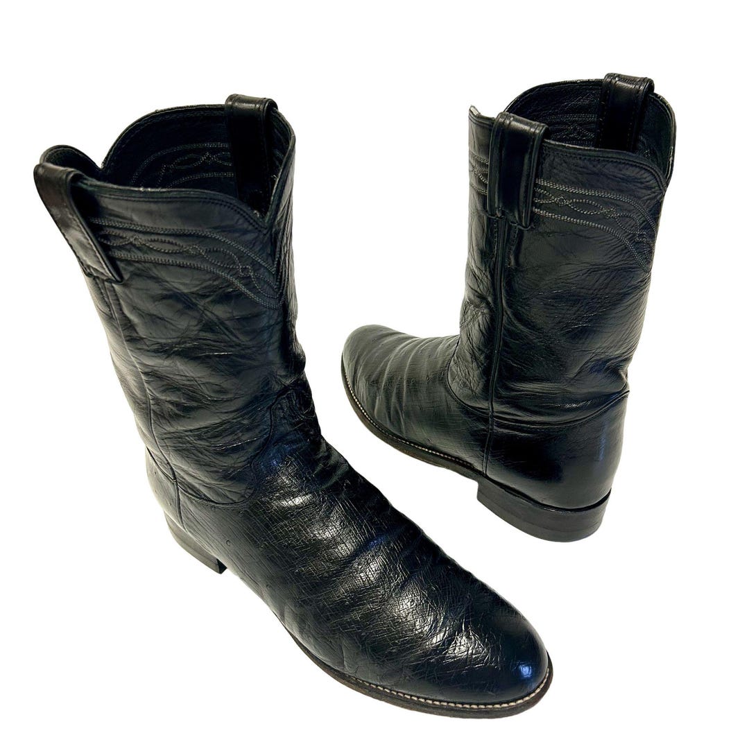 Vintage Justin Men Black EXOTIC Leather Cowboy Western Smooth OSTRICH ...