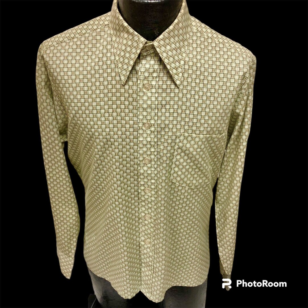 Vintage 70's ARMY Green GRID Mod GEOMETRIC Butterfly Collar Disco Shirt ...