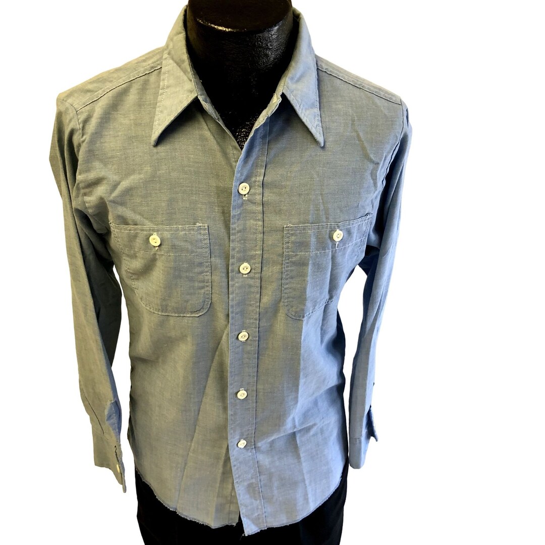 Vintage 50 60's Blue CHAMBRAY Work Wear Worker MECHANICS Shop Shirt M ...