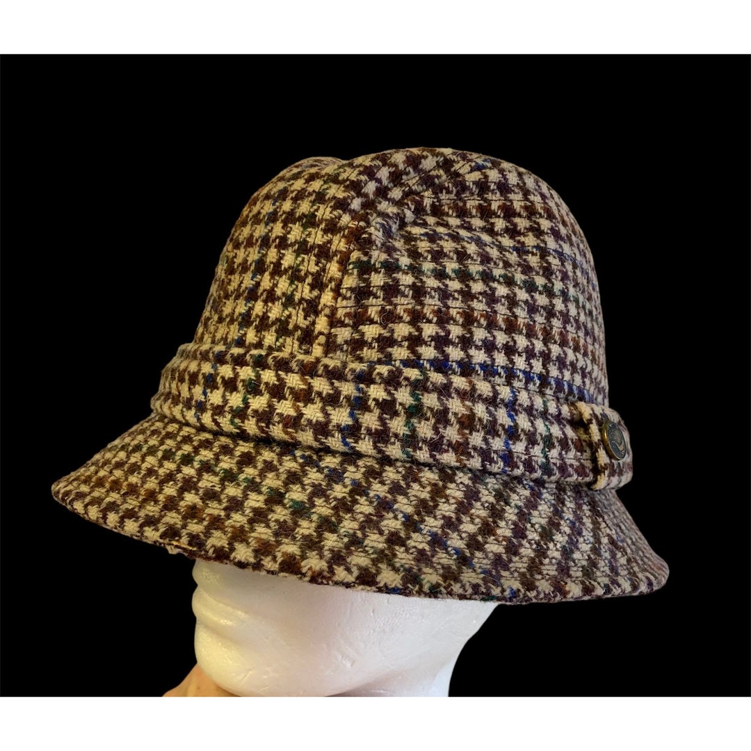 Vintage Harris Tweed Men Brown HOUNDSTOOTH Fedora Scottish Wool COUNTRY ...