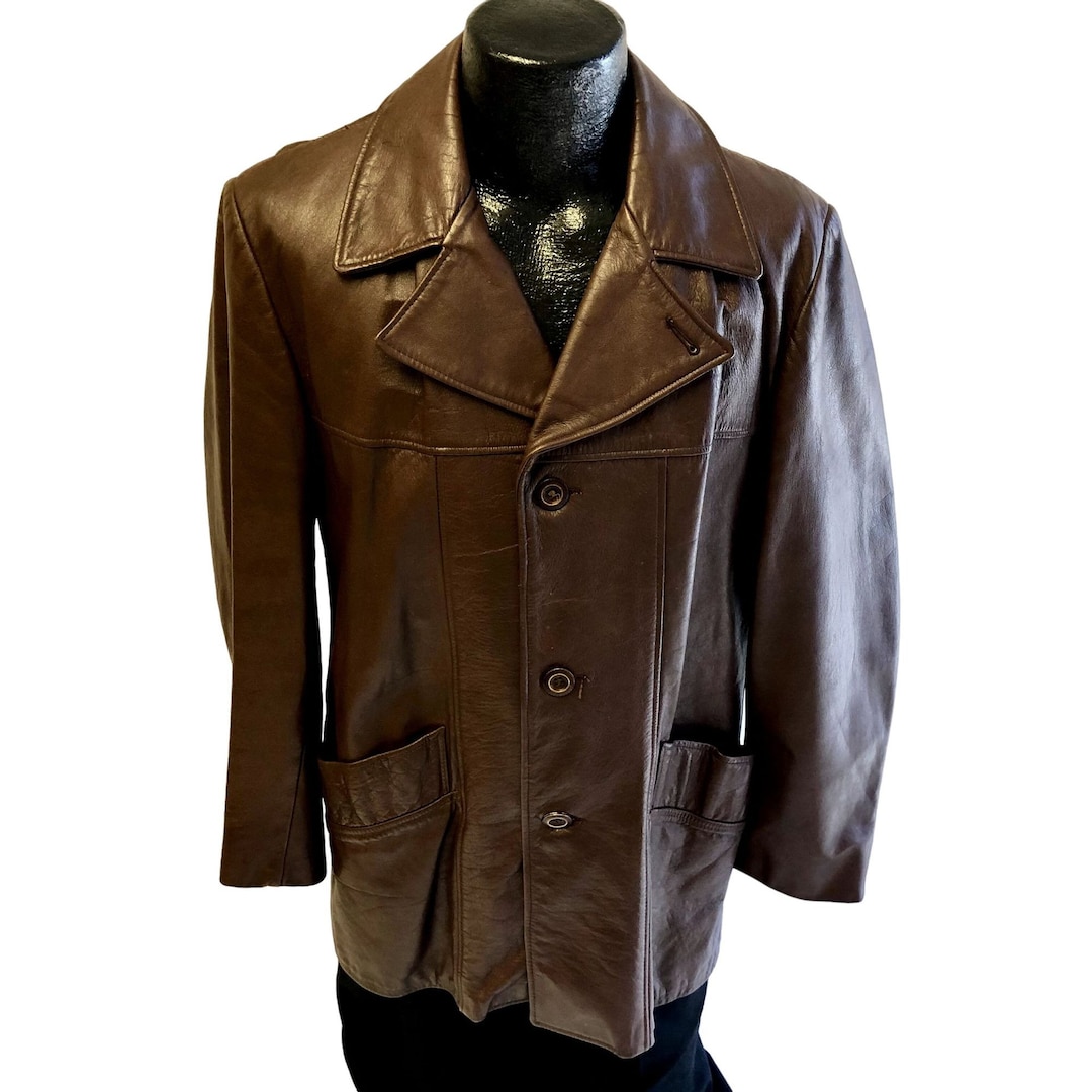 Vintage 70's Men's Brown Leather MOD 3 Btn WESTERN Car Coat CLUB Jacket ...