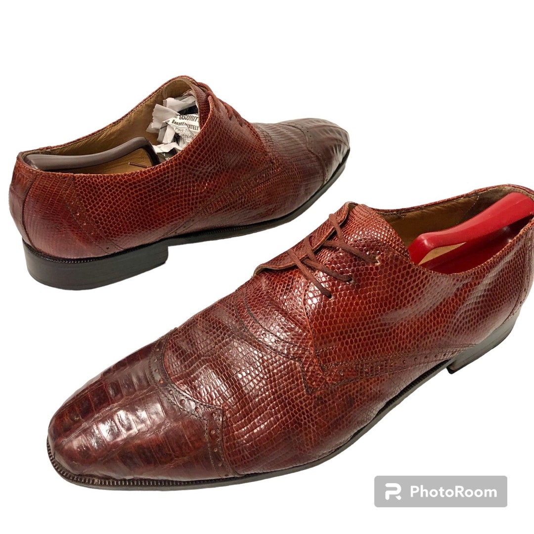 David Eden Men's Brown GENUINE LIZARD Skin Dress Shoes ALLIGATOR Cap ...