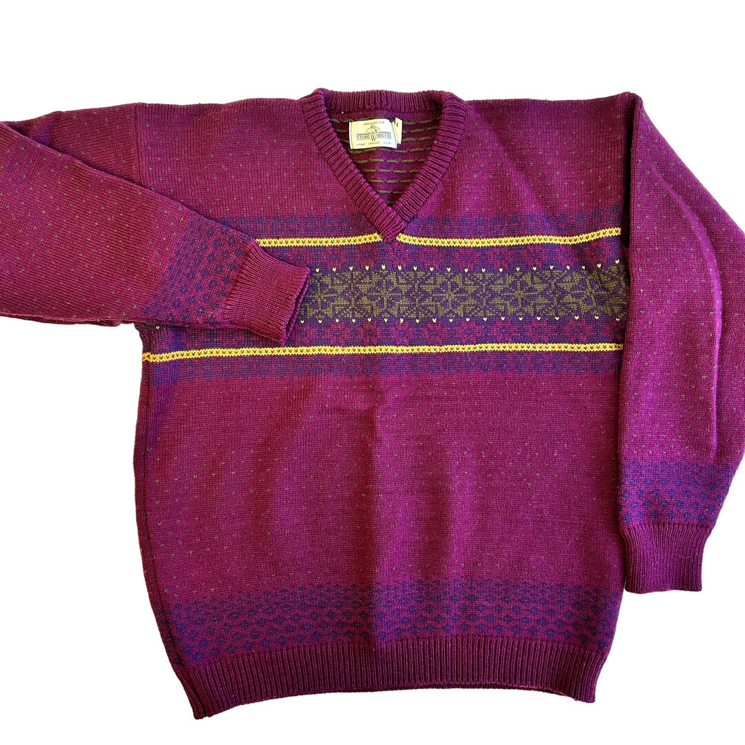Vintage 90's Stowe Woolens Men Plum Knit V Neck Winter NORDIC FAIR Isle ...