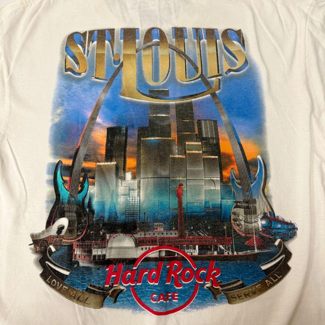 Vintage HARD ROCK Cafe St Louis City Sunset SKYLINE Guitar Arch Graphic ...