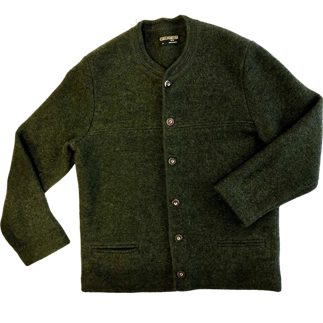 Vintage Tyrol Gieger Men's Green BOILED WOOL Cardigan Antler Bone Btn ...