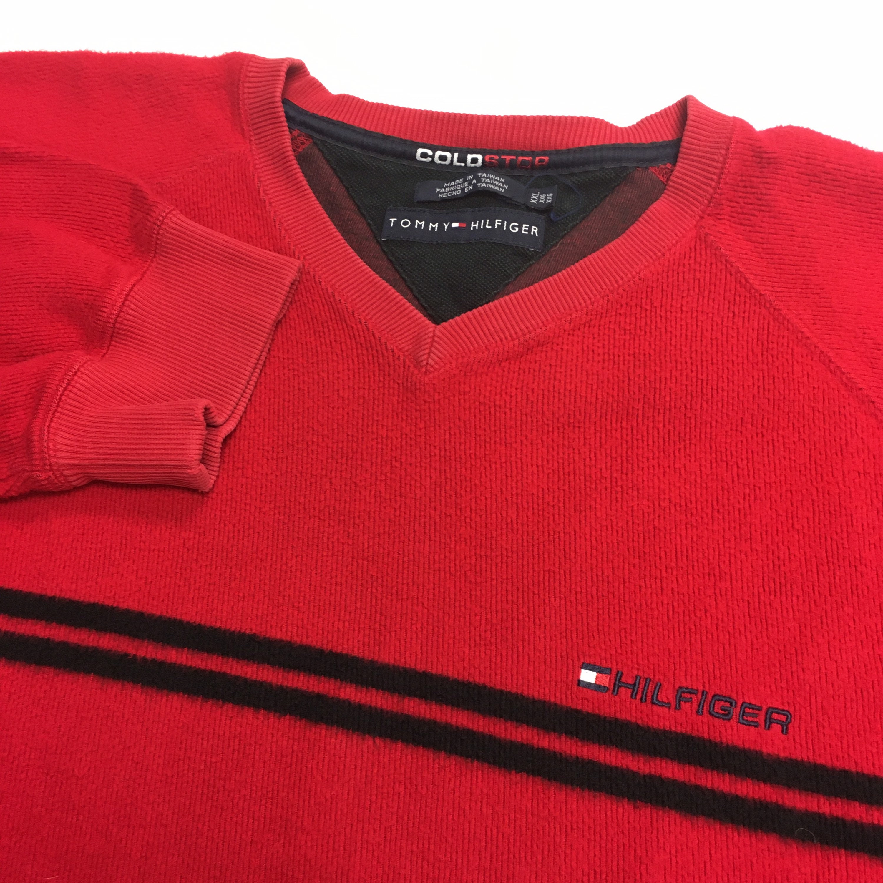 Vintage Tommy Hilfiger Men RED Ribbed Pull Over V-neck Cotton Soft ...