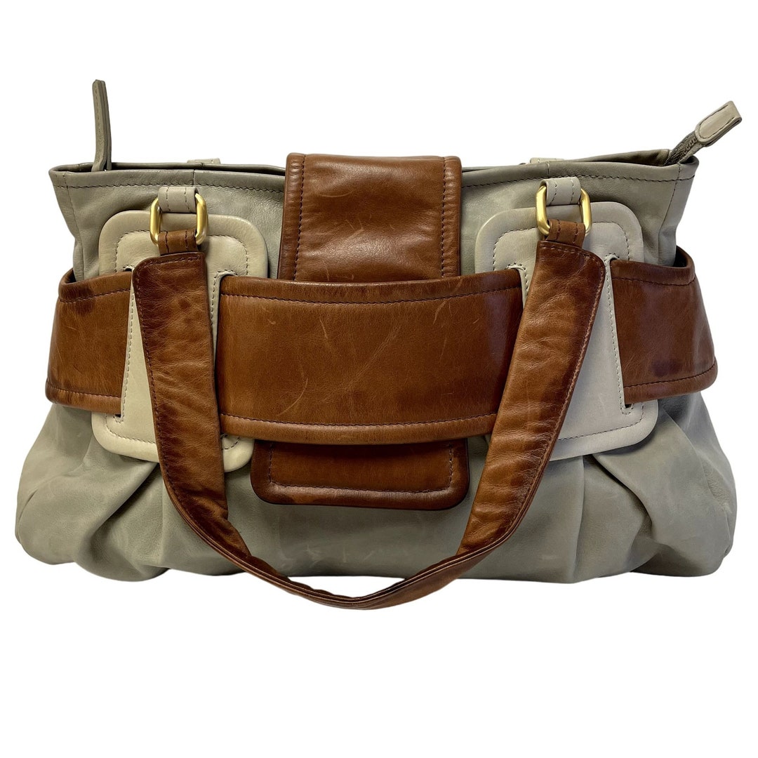 Vintage Style Sondra Roberts 2 Tone Bone Brown Leather Hand Bag BOHO ...