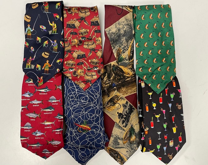 7 Pc Alynn Nautica Silk Fly FISHING Neck Tie LOT Novelty Fresh Salt ...