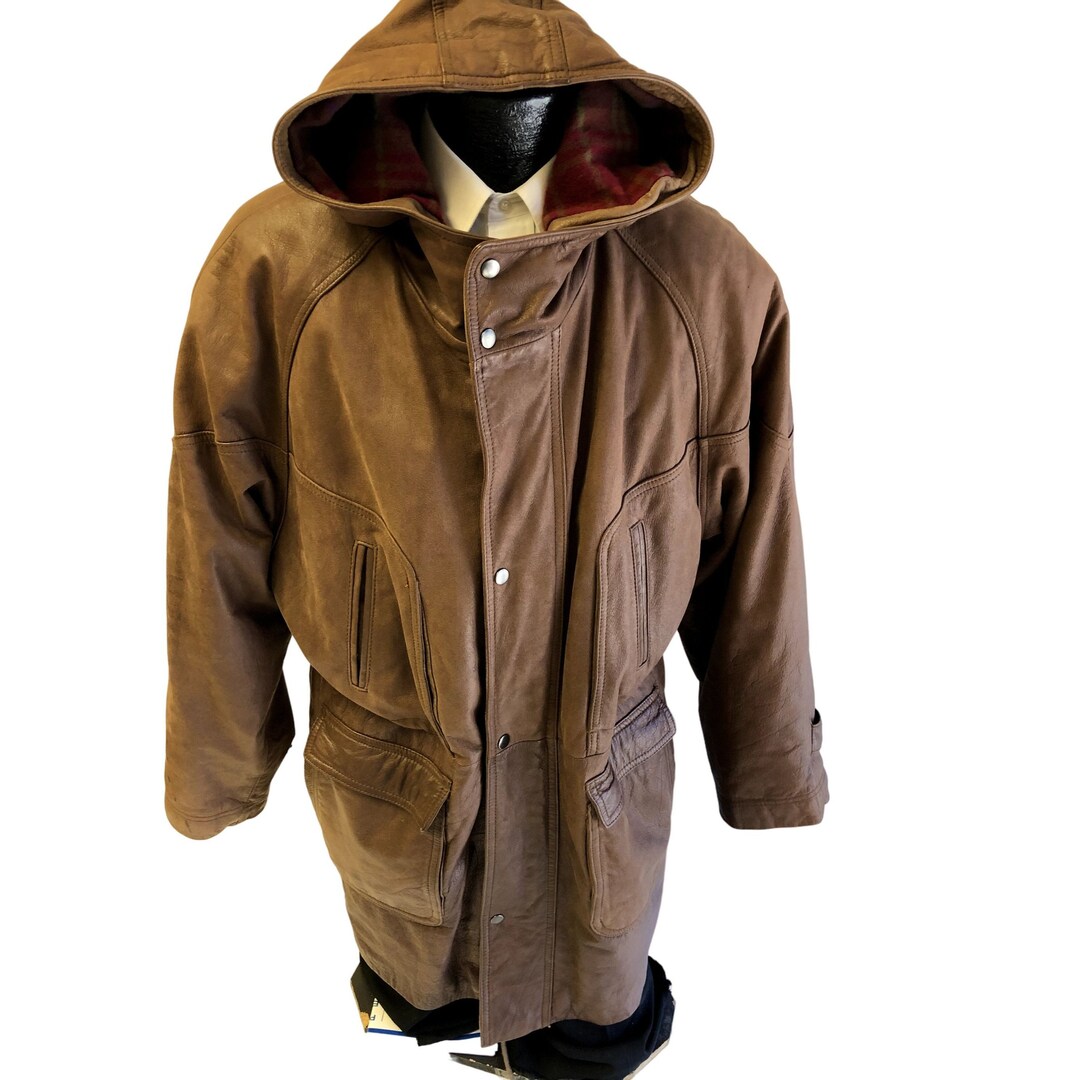 Vintage 80's IOU Brown Leather Lined Hooded BARNSTORMER Field Jacket ...