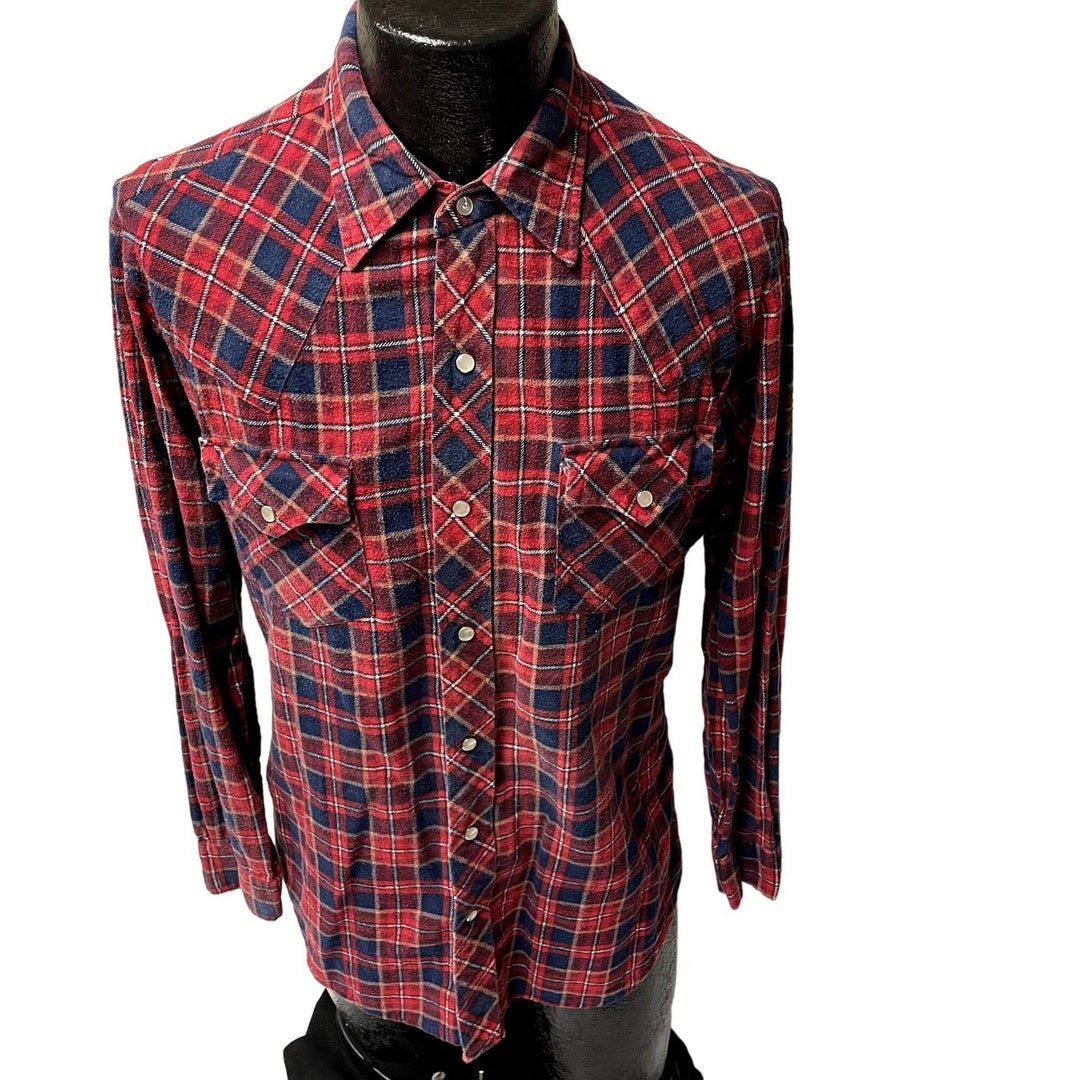 Vintage 80's Jcpenney Red Blue PLAID Cowboy Western FLANNEL Pearl Snap ...