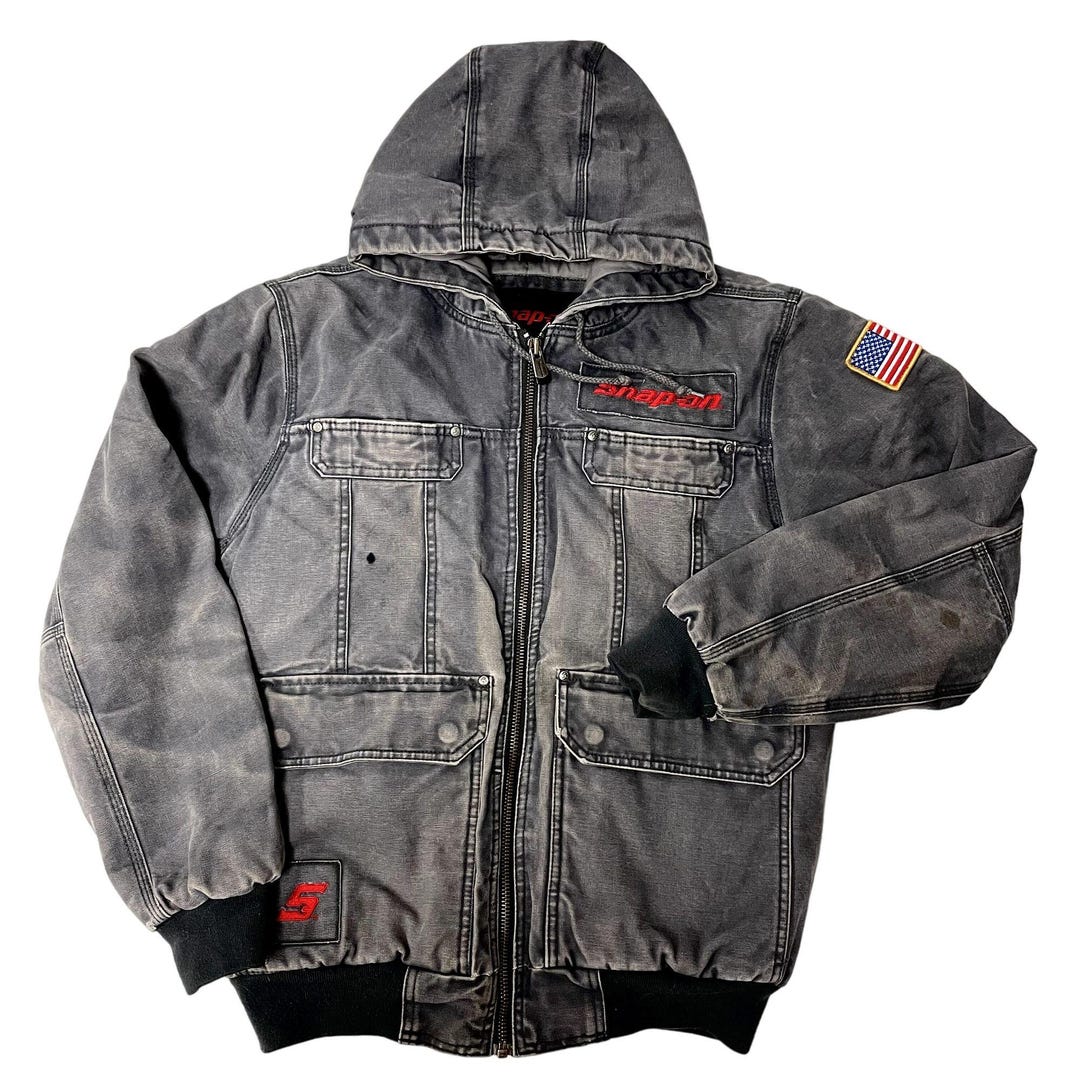 Vintage Snap on Heavy Work Jacket SPELL OUT LOGO Front Back Mechanic ...