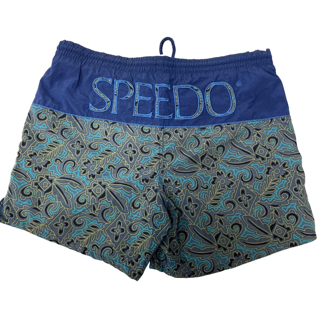 Vintage 80 90's Speedo SPELLOUT Gray Blue Floral BAROQUE Swim Shorts ...