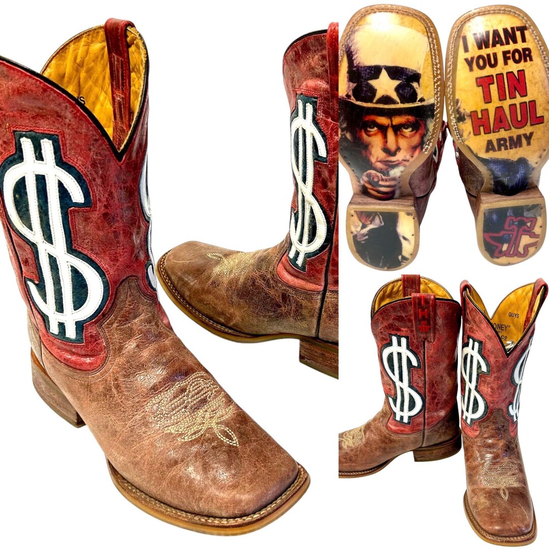 Tin Haul MO MONEY Men's Brown Leather Cowboy Western Square Toe USA ...