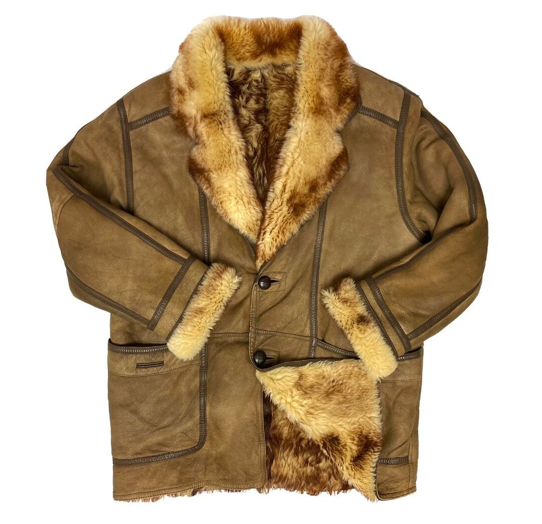 Vintage Men's CURLY Sheepskin Shearling Shaggy Fur Brown Leather Jacket ...