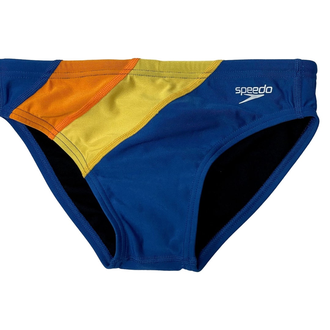 Vintage Speedo Boys Blue Yellow Bikini Swim Suit Competition Swimming ...
