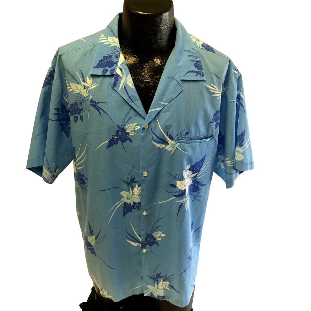 Vintage 80's Rai Nani HAWAII Blue FLORAL Hawaiian Tropical Aloha Camp ...