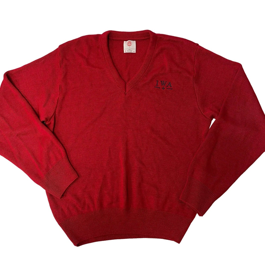 Vintage 80's Uniform Mills Men IWA Logo Red V NECK Knit Sweater USA L ...