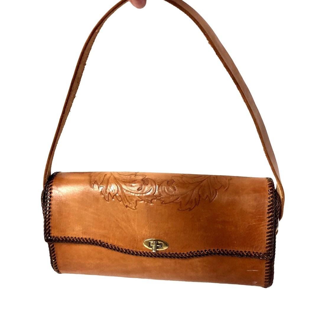 Vintage 70's Hand TOOLED Laced Leather Hand Bag COGNAC Western FLORAL ...