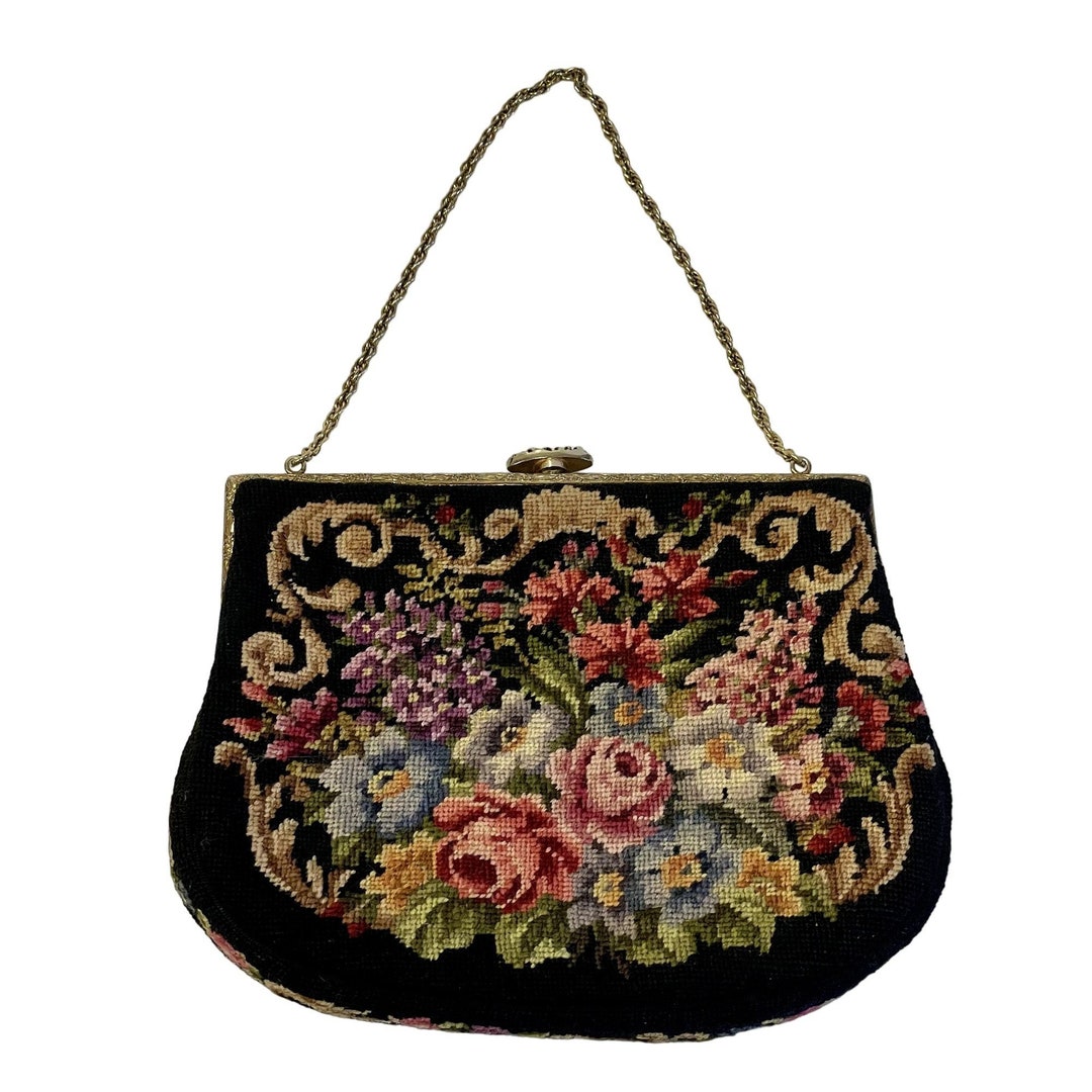 Antique 1900's Vintage Victorian Edwardian Black FLORAL Petit Point ...