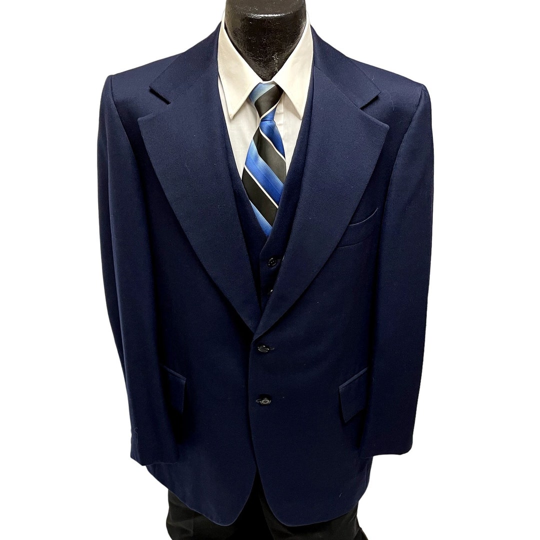 2 Pc Vintage 70's Glen Guard Men NAVY Blue Sport GABARDINE Jacket Wool ...