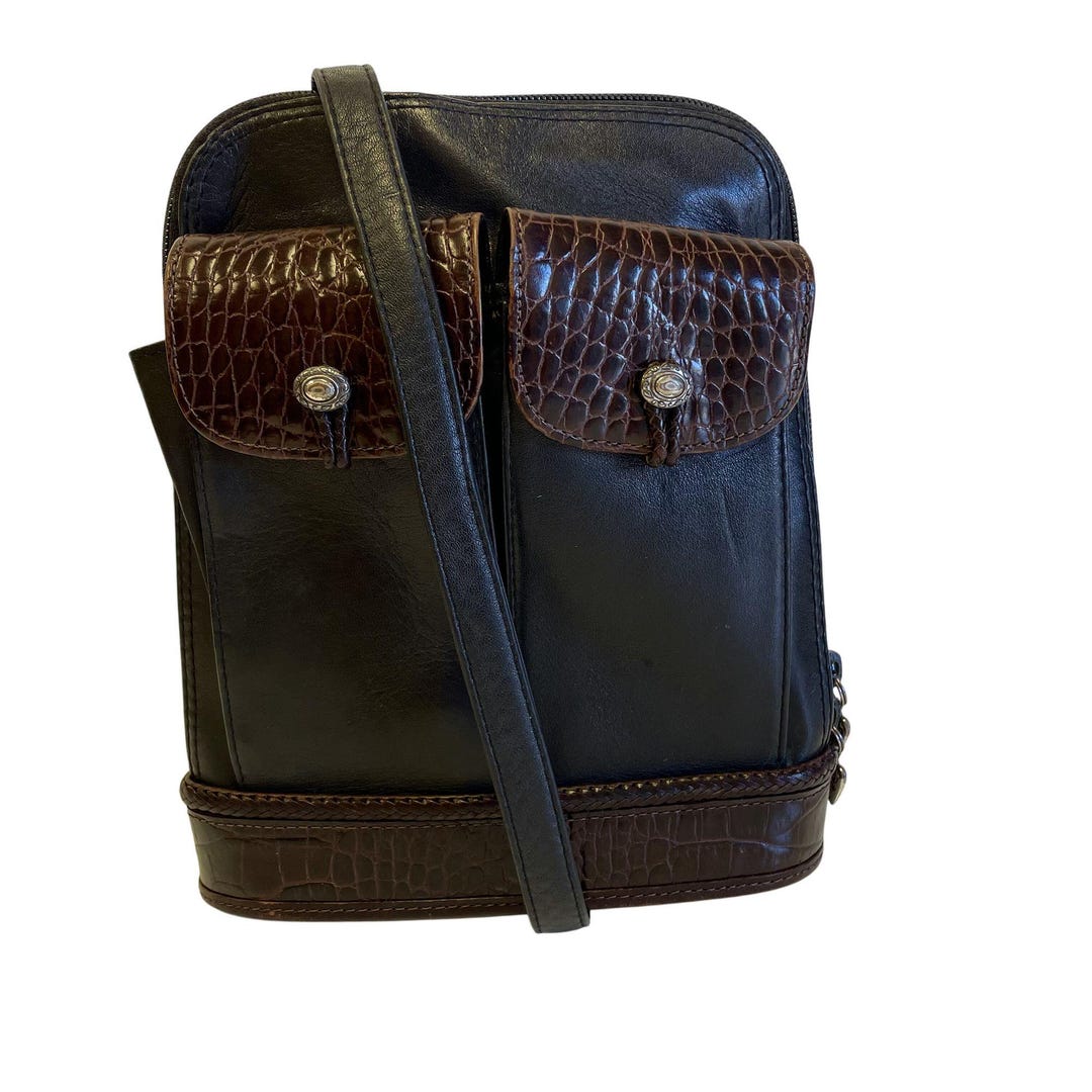 Brighton ONE WORLD 2 Tone BLACK Leather Brown Alligator Grain Handbag ...