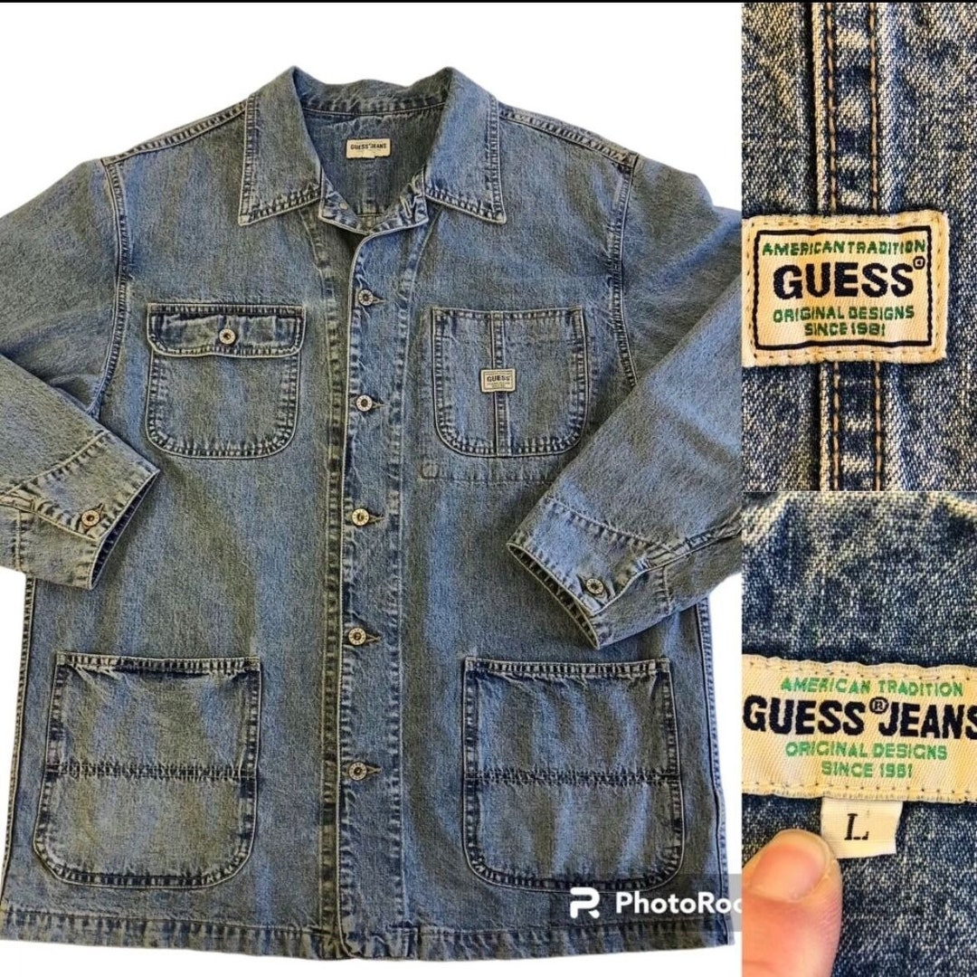Vintage 80's Guess USA Made Men Blue Jean Work Wear CHORE Coat 4 Pocket ...