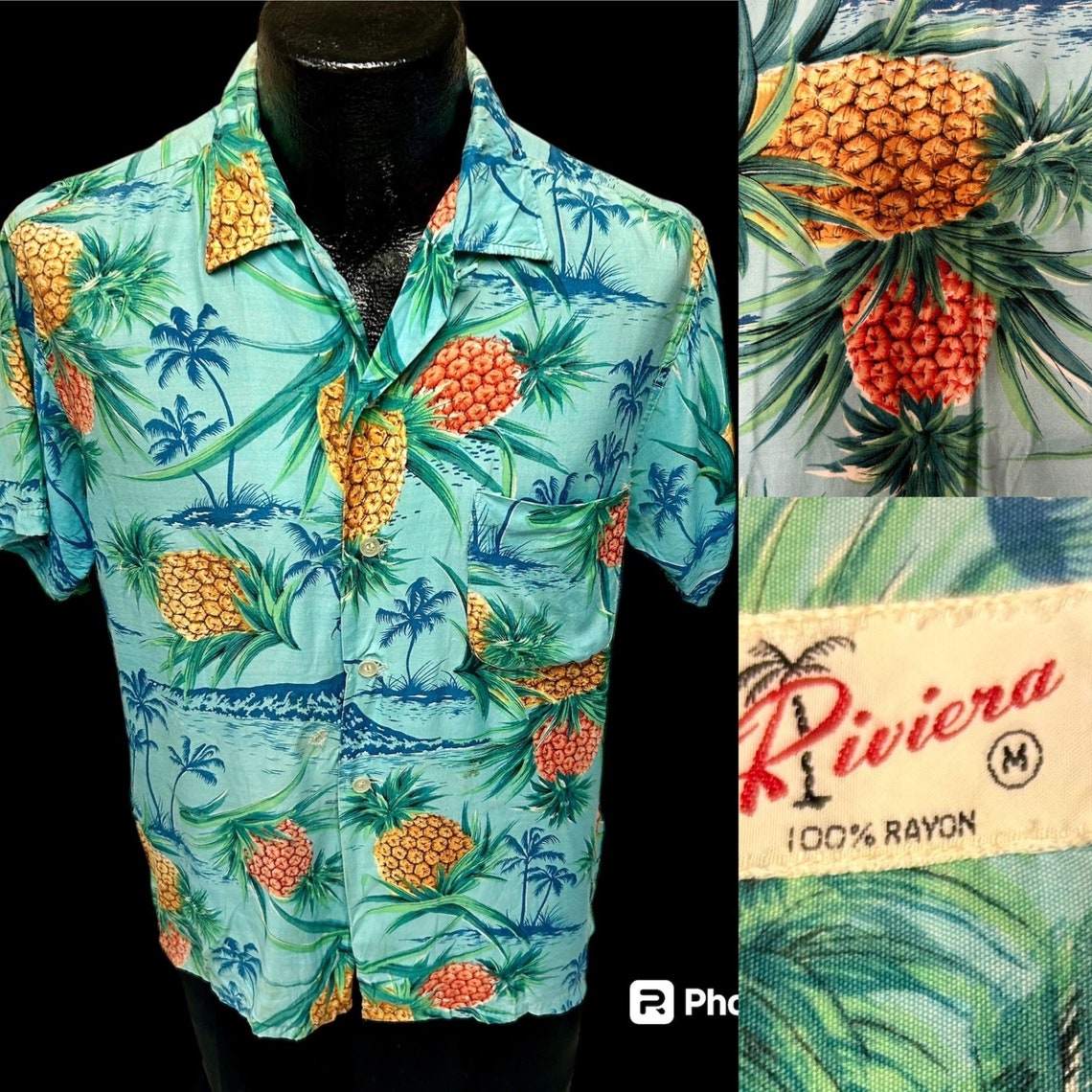 Vintage 50's Riviera Men's Gold PINEAPPLES Blue Hawaiian Rayon LOOP ...