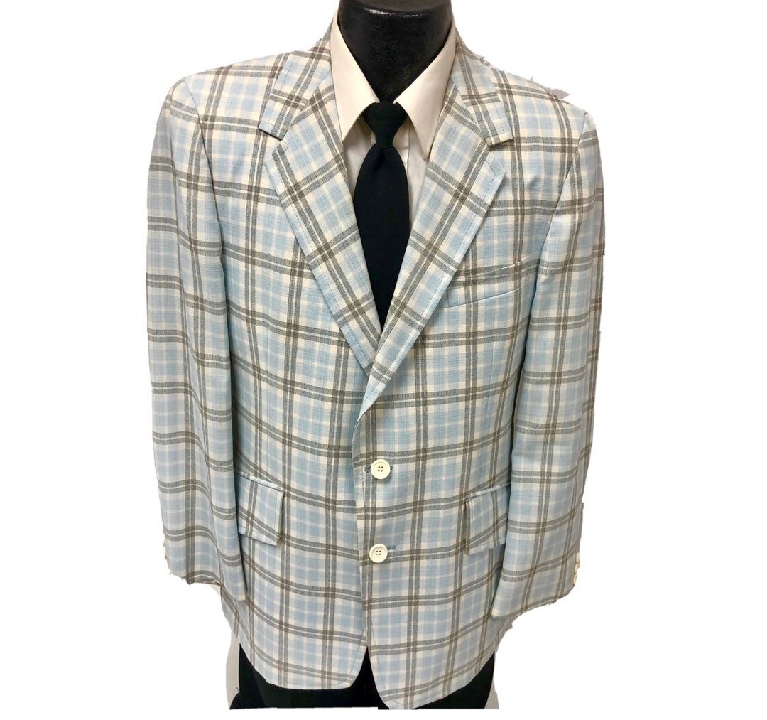 Vintage 70's Sky Blue Sport Coat SHADOW Plaid Jacket Textured MOD Disco ...