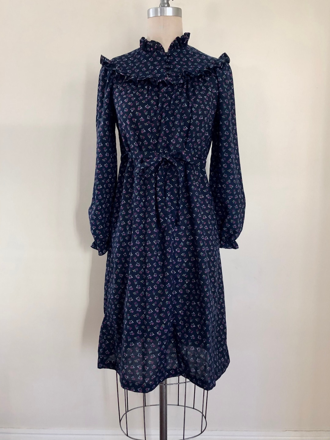 Blue Calico Dress Vintage Floral Library Office School Ruffle Collar 70 ...