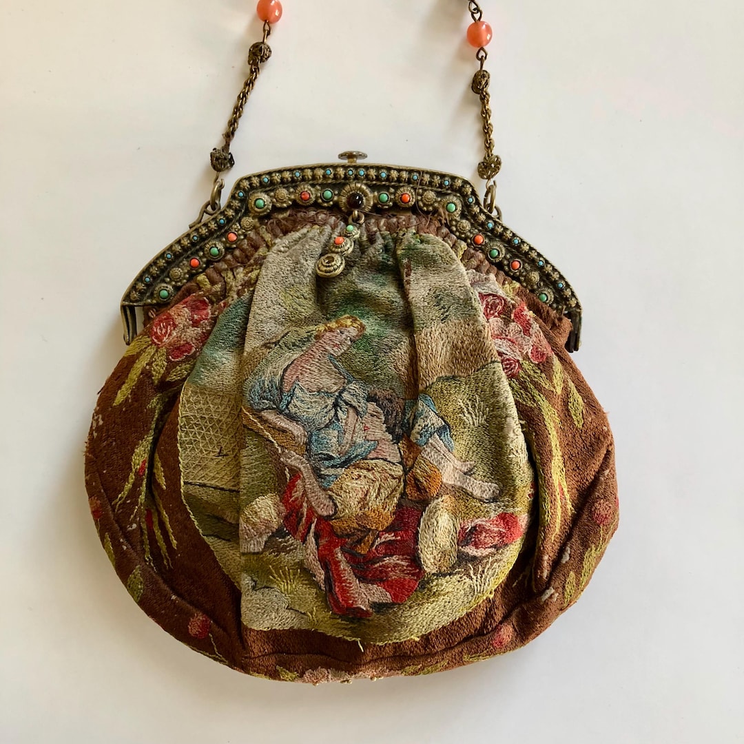 1900's Embroidered Purse Handcrafted Antique Needle Work Brass Jeweled ...