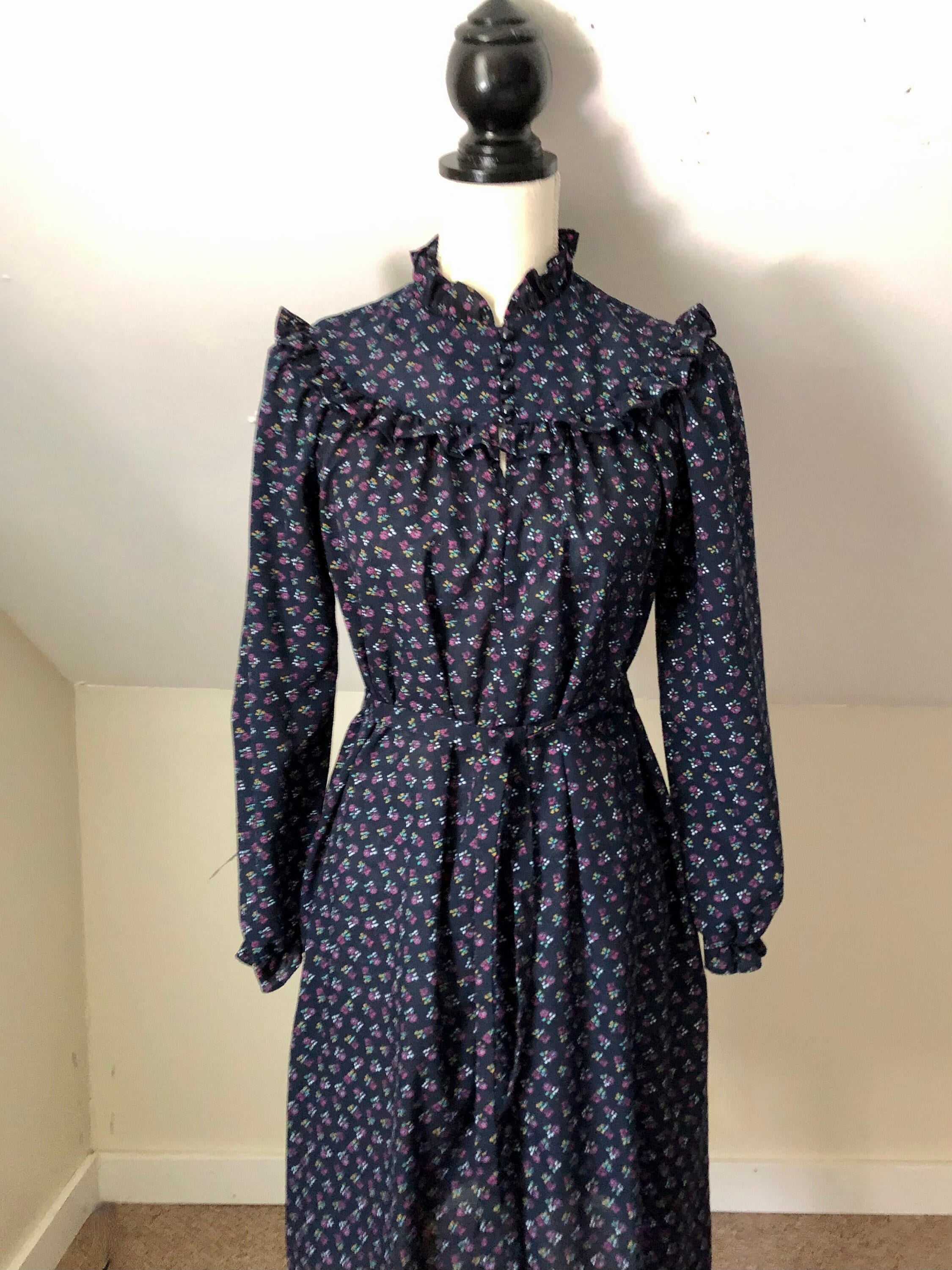 Blue Calico Dress Vintage Floral Library Office Ruffle Collar 70's Day ...