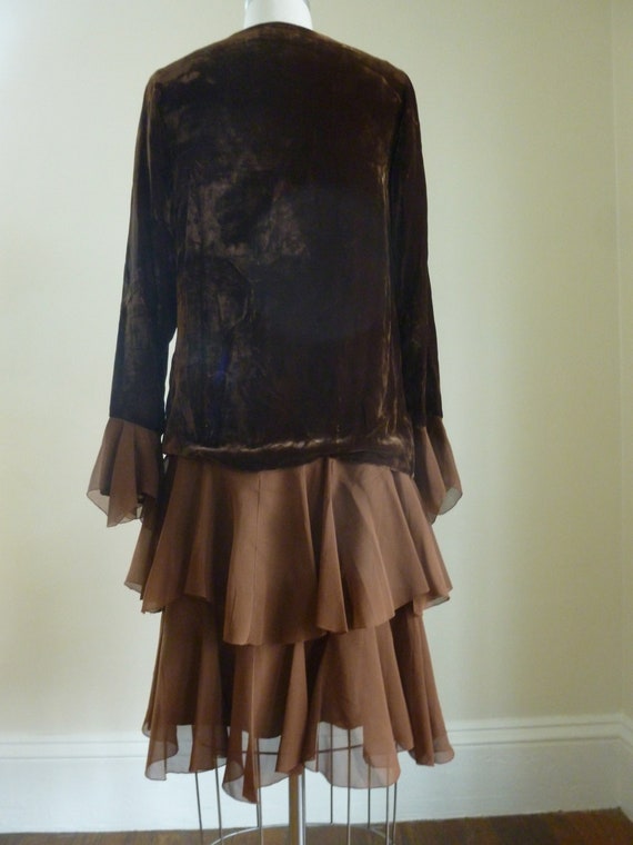 20's Silk Dress Velvet Brown Embroidered Flapper Dres… - Gem