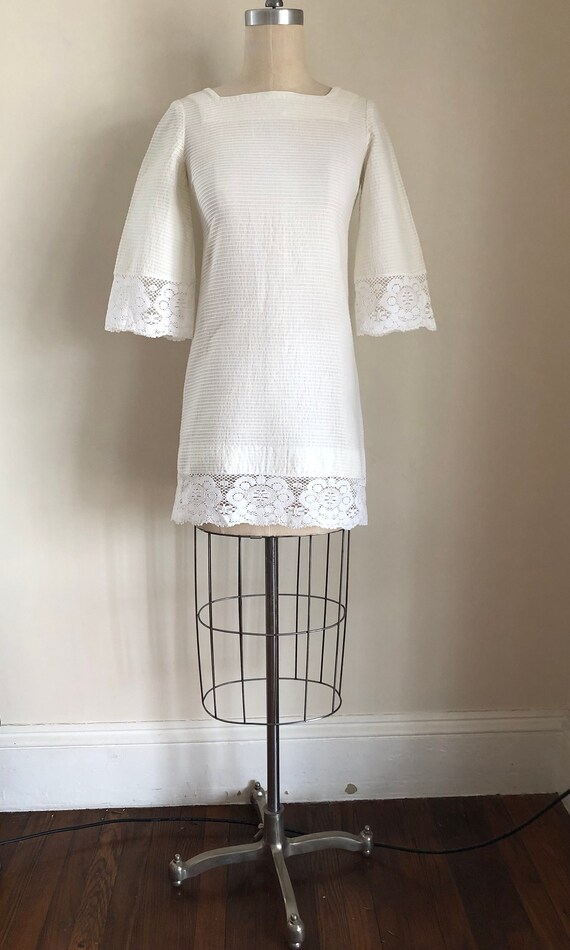 1960s Mod Dress Designer Mini Dress White Cotton Lace… - Gem