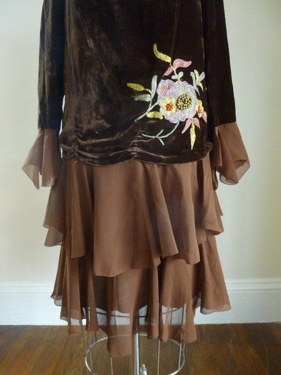 20's Silk Dress Velvet Brown Embroidered Flapper Dres… - Gem