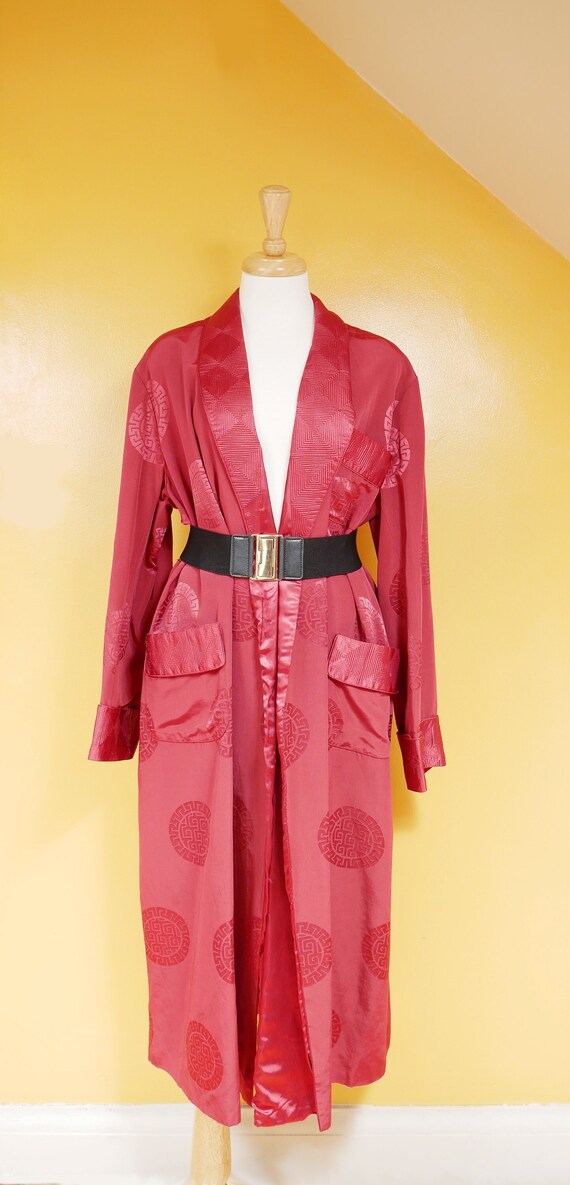 Red Chinese Brocade Smoking Jacket Mens Robe - Gem