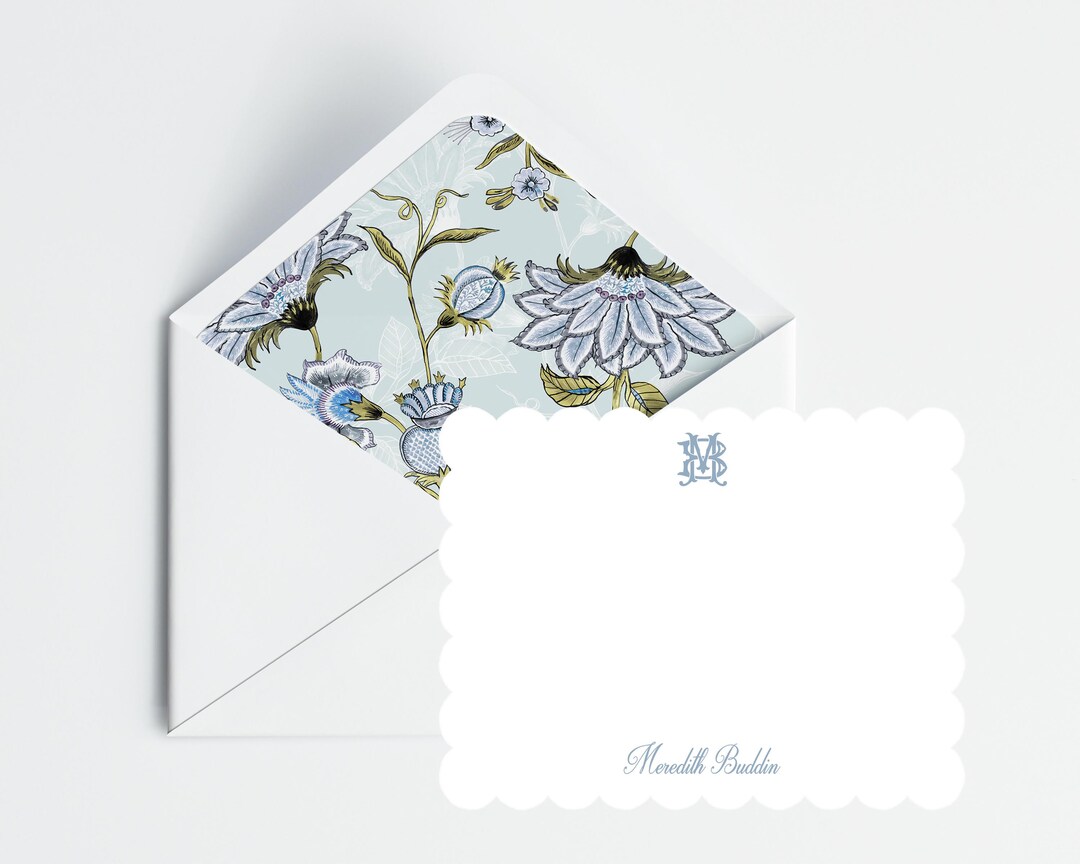 Monogrammed Scallop Cards With Blue Chintz Lined Envelopes - Etsy