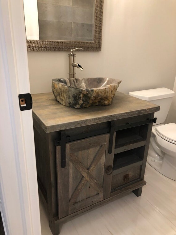 Weathered Gray Authentic Barn Wood Vanity With Sliding - Etsy